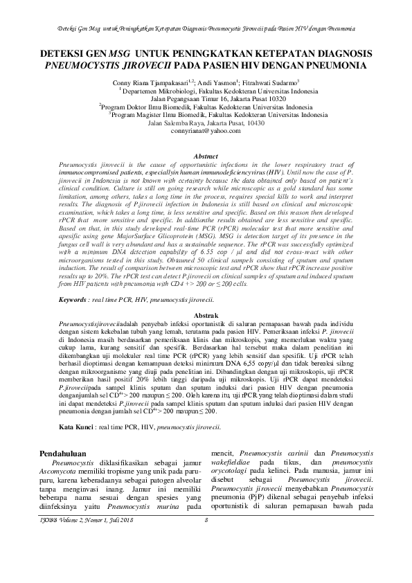 (PDF) Deteksi Gen MSG Untuk Peningkatkan Ketepatan Diagnosis Pneumocystis Jirovecii Pada Pasien ...
