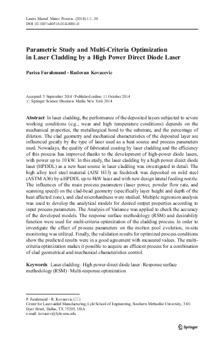 (PDF) Parametric Study and Multi-Criteria Optimization in Laser Cladding by a High Power Direct ...