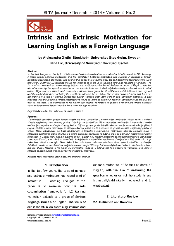 (PDF) Intrinsic and Extrinsic Motivation for Learning English as a ...