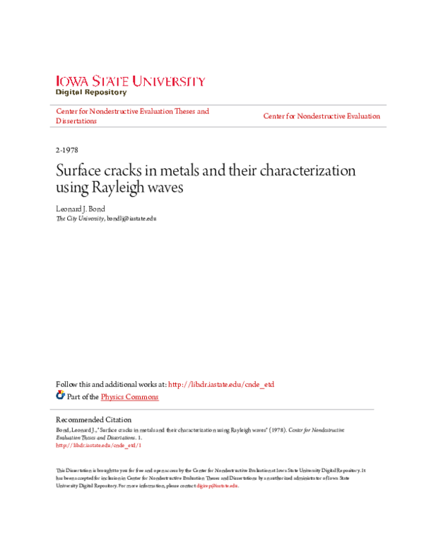 Pdf Surface Cracks In Metals And Their Characterization Using Rayleigh Waves Leonard Bond