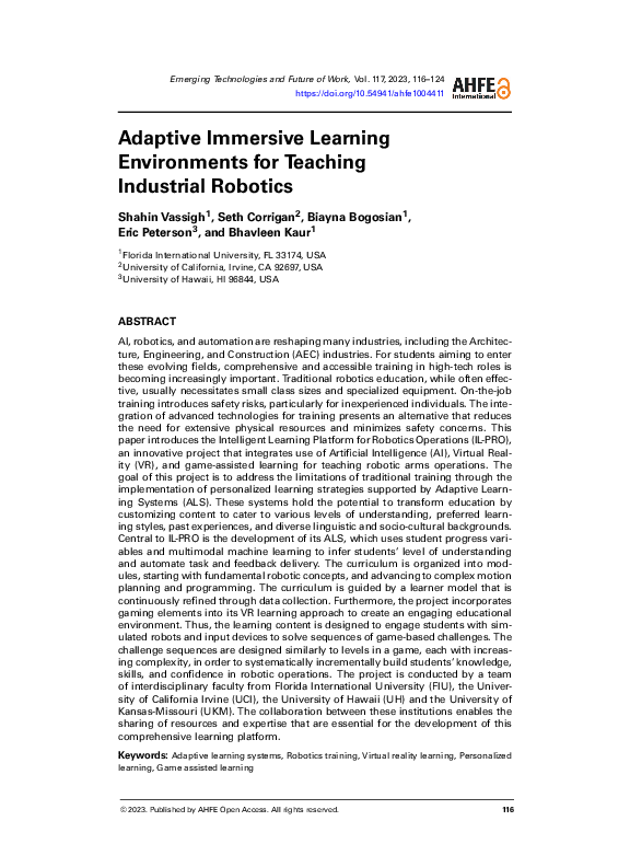 (PDF) Adaptive Immersive Learning Environments for Teaching Industrial Robotics
