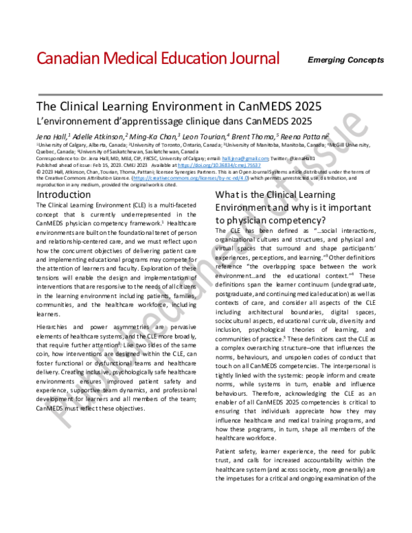 (PDF) The Clinical Learning Environment in CanMEDS 2025