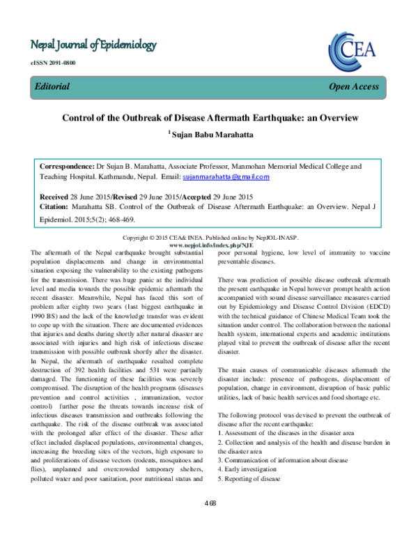(PDF) Control of the Outbreak of Disease Aftermath Earthquake: an Overview