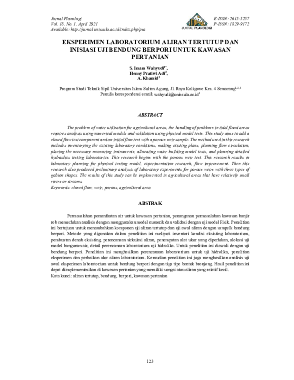 (PDF) Eksperimen Laboratorium Aliran Tertutup Dan Inisiasi Uji Bendung Berpori Untuk Kawasan ...