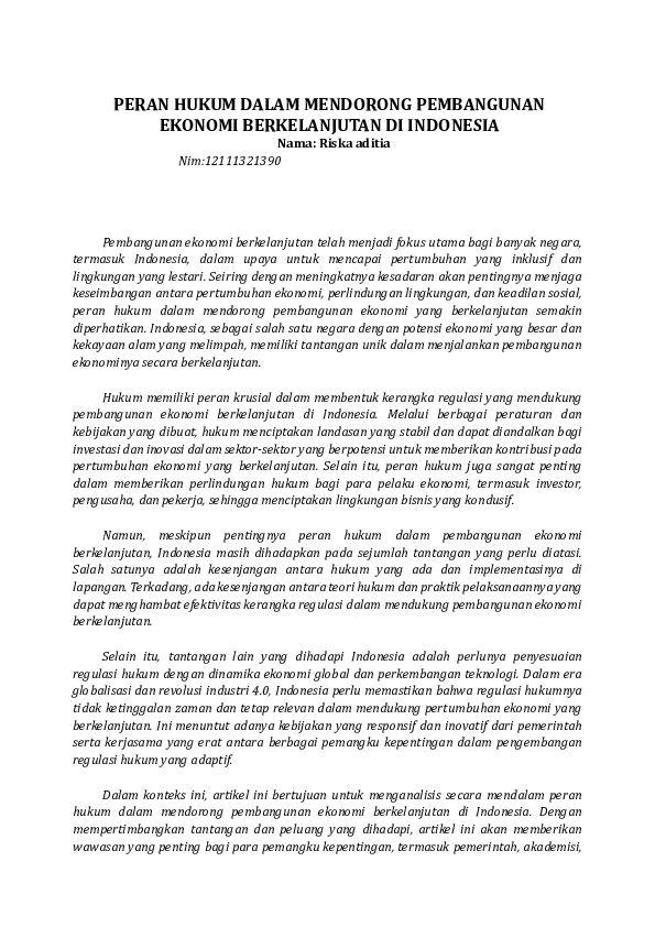 (PDF) PERAN HUKUM DALAM MENDORONG PEMBANGUNAN EKONOMI BERKELANJUTAN DI INDONESIA