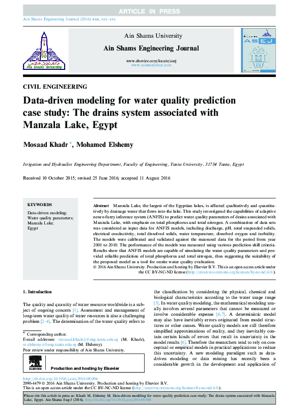 (PDF) Data-driven modeling for water quality prediction case study: The drains system associated ...