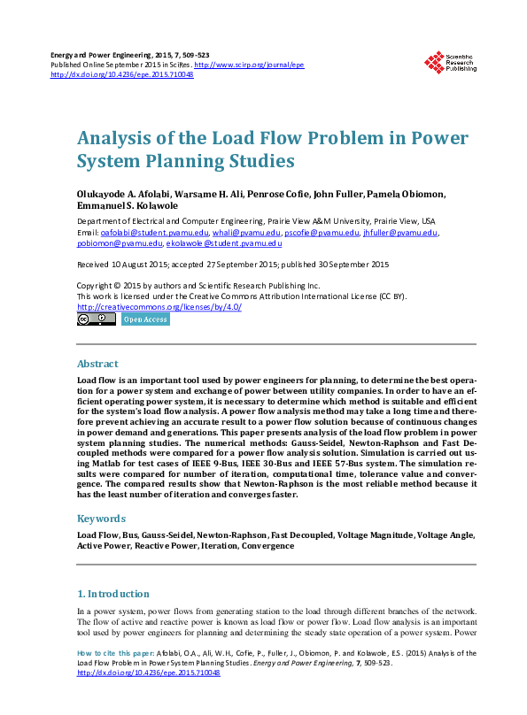(PDF) Analysis of the Load Flow Problem in Power System Planning Studies
