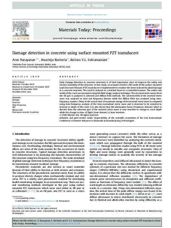 (PDF) Damage detection in concrete using surface mounted PZT transducers