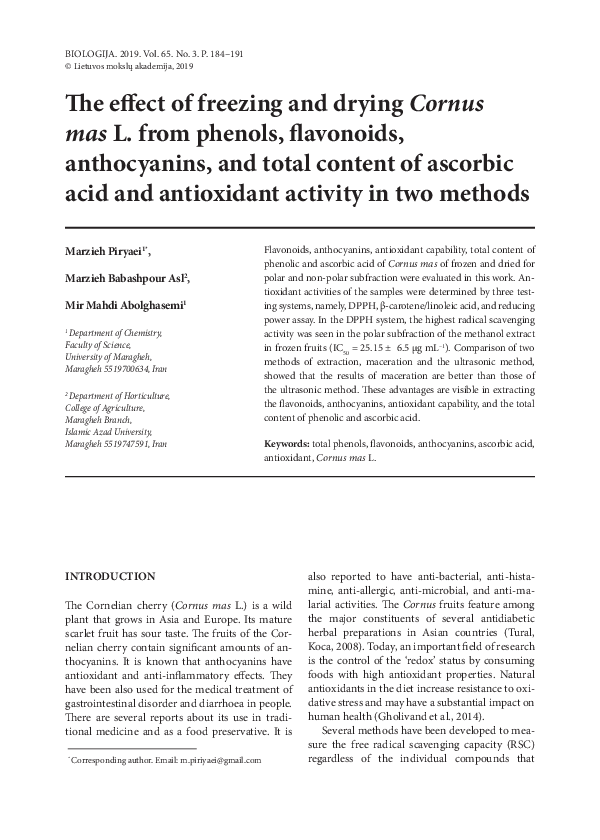 (PDF) The effect of freezing and drying Cornus mas L. from phenols, flavonoids, anthocyanins ...