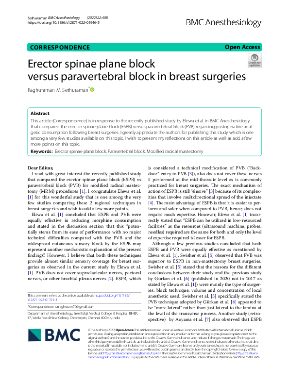 (PDF) Erector spinae plane block versus paravertebral block in breast ...