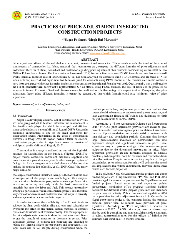 (PDF) Practices of Price Adjustment in Selected Construction Projects