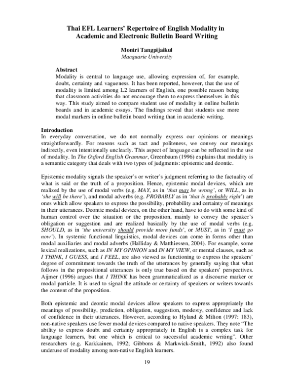 (PDF) Thai EFL Learners’ Repertoire of English Modality in Academic and Electronic Bulletin ...