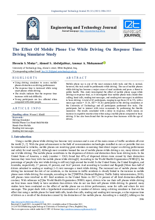 (PDF) The Effect Of Mobile Phone Use While Driving On Response Time ...