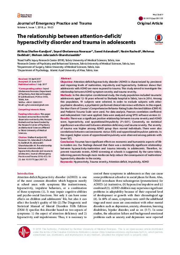 (PDF) The relationship between attention-deficit/ hyperactivity disorder and trauma in adolescents