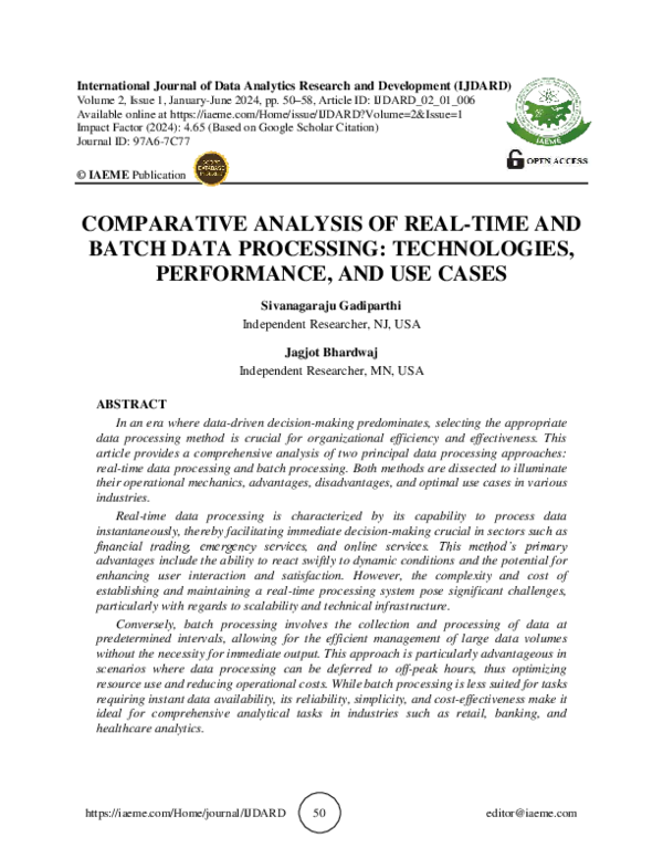 (PDF) COMPARATIVE ANALYSIS OF REAL-TIME AND BATCH DATA PROCESSING: TECHNOLOGIES, PERFORMANCE ...