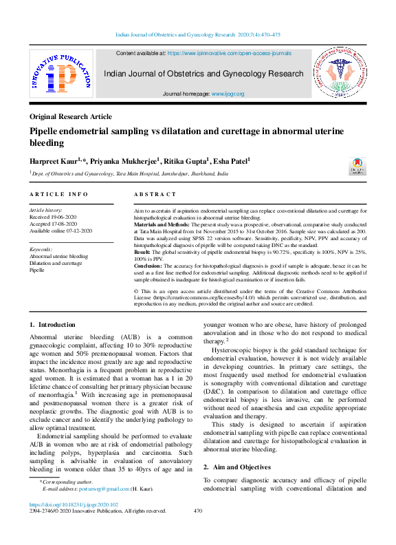 (PDF) Pipelle endometrial sampling vs dilatation and curettage in ...