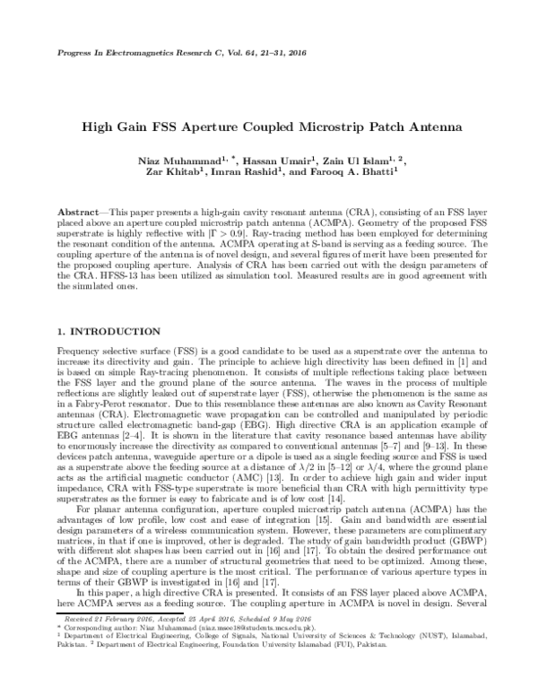 (PDF) High Gain FSS Aperture Coupled Microstrip Patch Antenna | Niaz ...