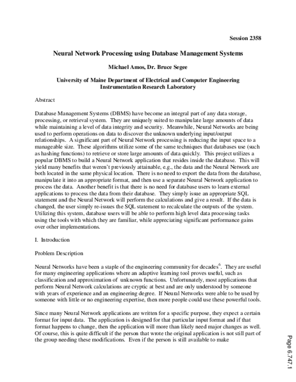 (PDF) Neural Network Processing Using Database Management Systems