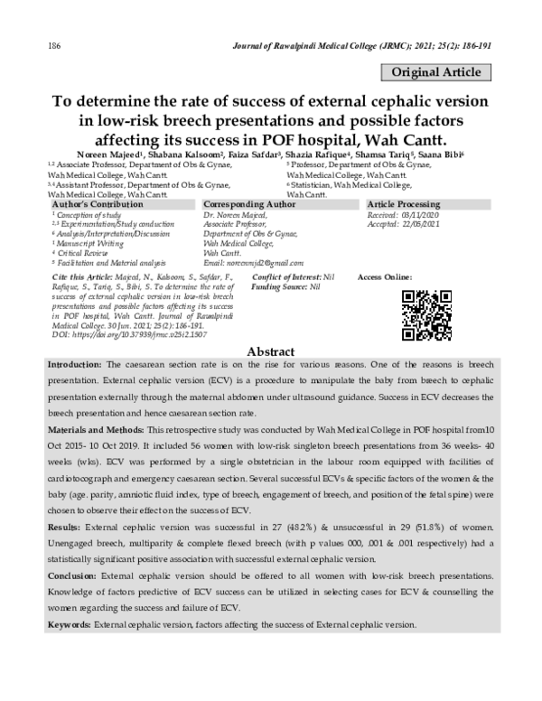 (PDF) To determine the rate of success of external cephalic version in ...