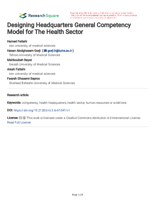 (PDF) Designing Headquarters General Competency Model for The Health Sector