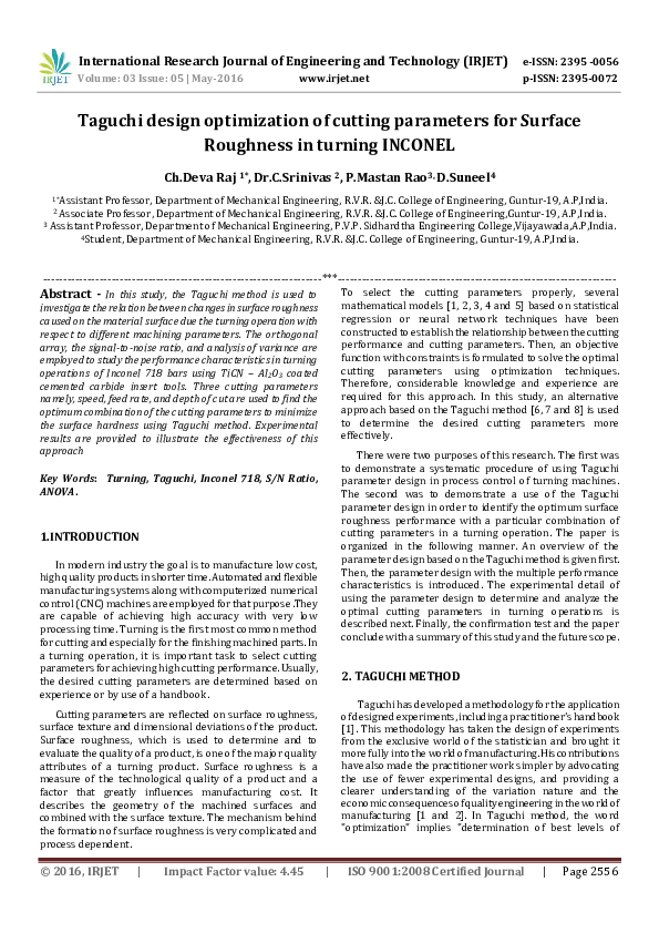 (PDF) Taguchi design optimization of cutting parameters for Surface ...