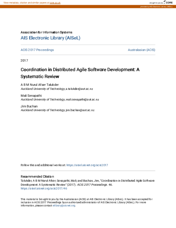 Pdf Coordination In Distributed Agile Software Development A Systematic Review Nurul 