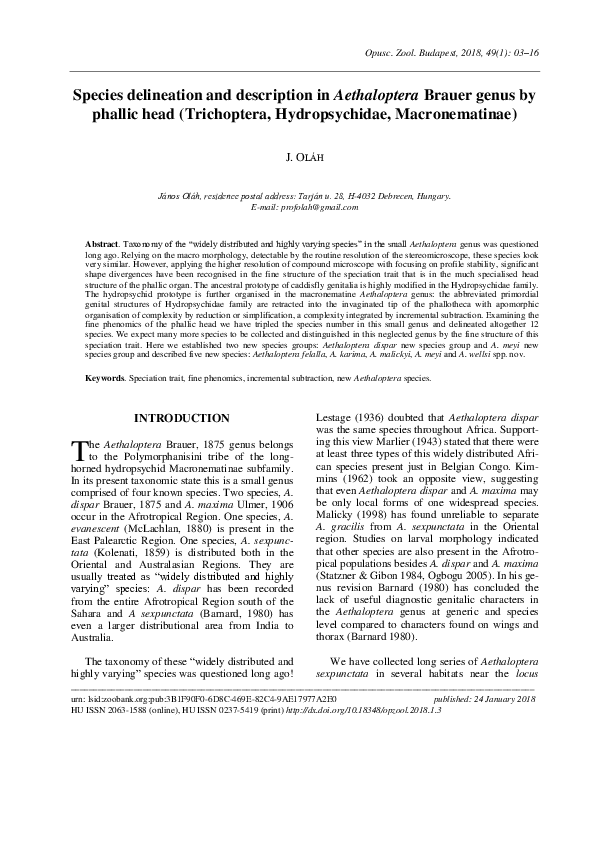 (PDF) Species delineation and description in Aethaloptera Brauer genus ...