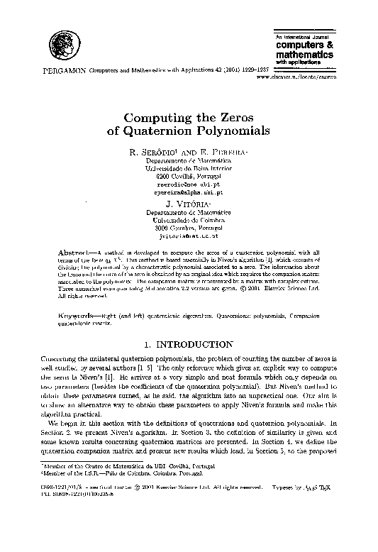 (PDF) Computing the zeros of quaternion polynomials