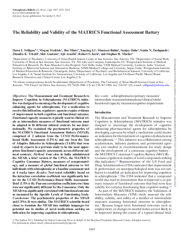 (PDF) The Reliability and Validity of the MATRICS Functional Assessment ...