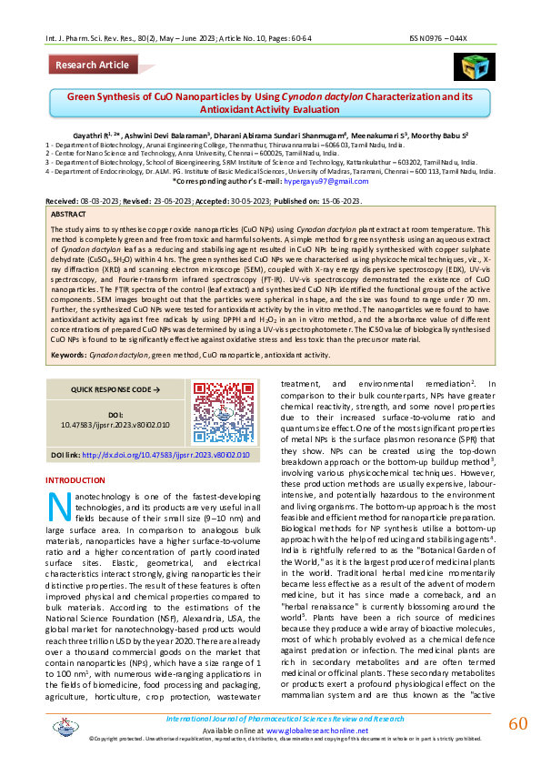 (PDF) Green Synthesis of CuO Nanoparticles by using Cynodon Dactylon Characterization and its ...