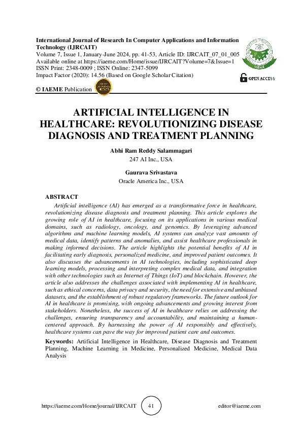 (PDF) ARTIFICIAL INTELLIGENCE IN HEALTHCARE: REVOLUTIONIZING DISEASE DIAGNOSIS AND TREATMENT ...
