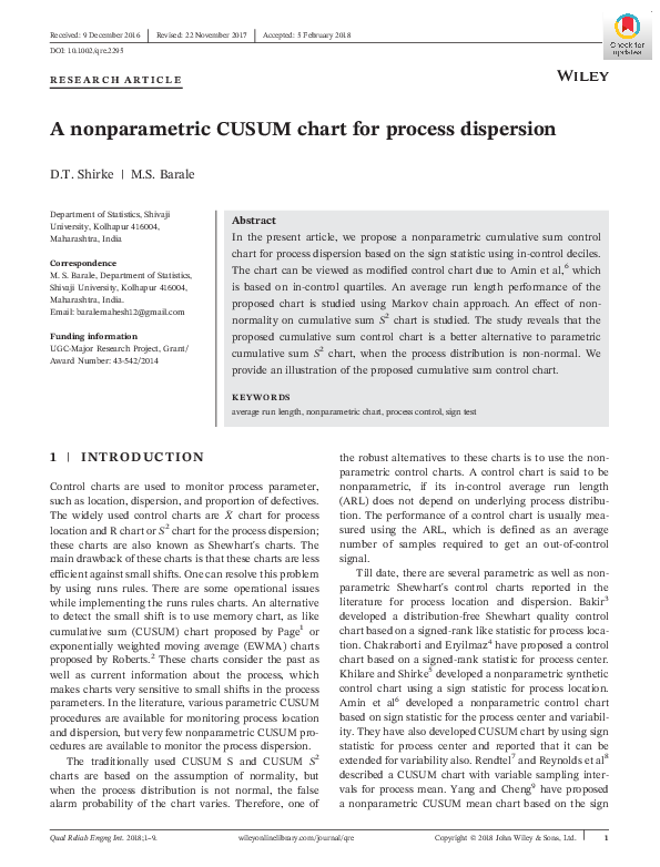 (PDF) A nonparametric CUSUM chart for process dispersion | D.T. Shirke, Vice-Chancellor, Shivaji ...