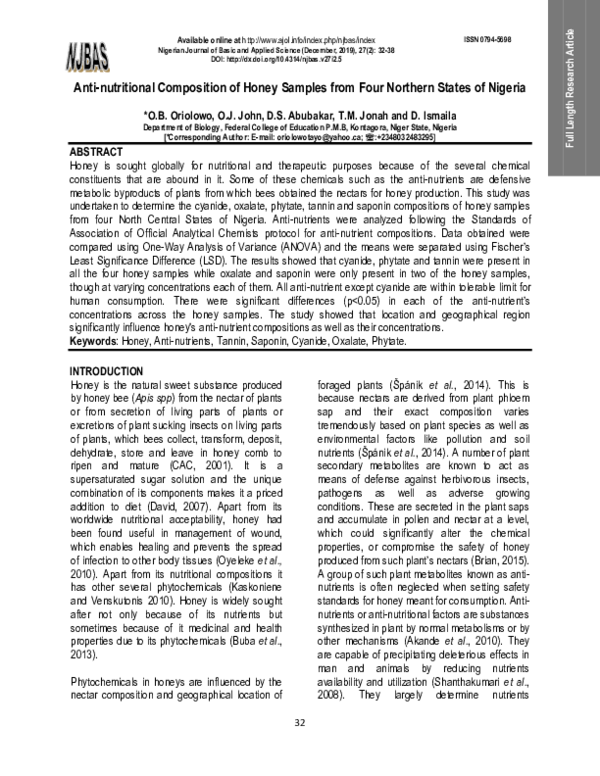 (PDF) Anti-nutritional Composition of Honey Samples from Four Northern ...