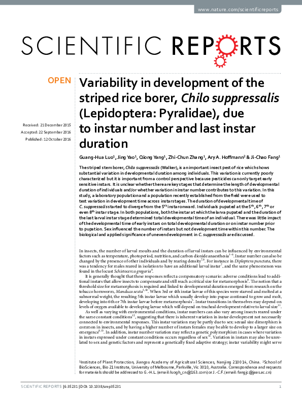(PDF) Variability in development of the striped rice borer, Chilo ...
