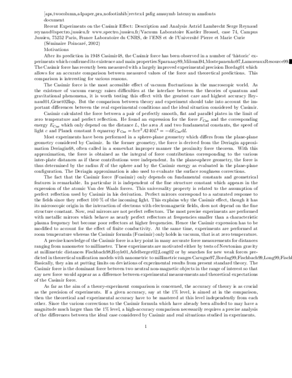 (PDF) Recent Experiments on the Casimir Effect: Description and Analysis