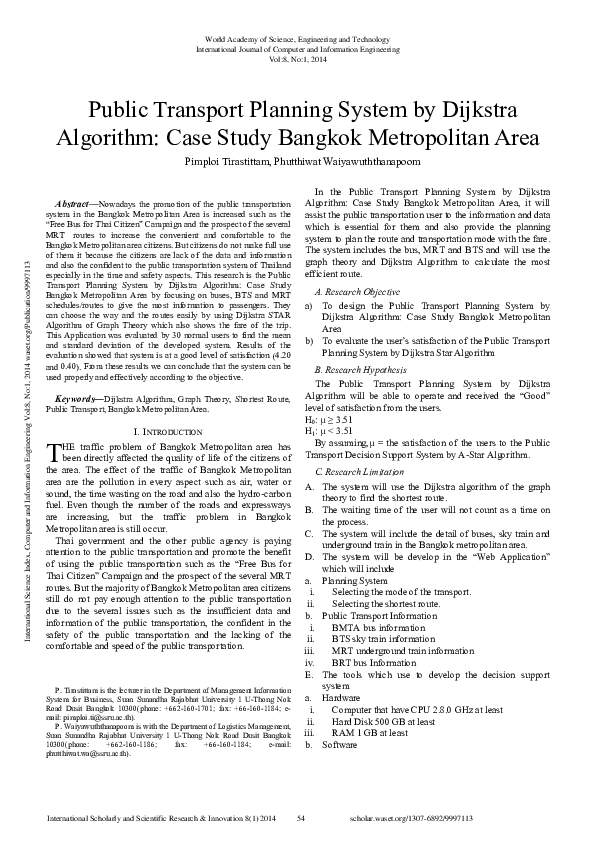 (PDF) Public Transport Planning System By Dijkstra Algorithm: Case Study Bangkok Metropolitan Area