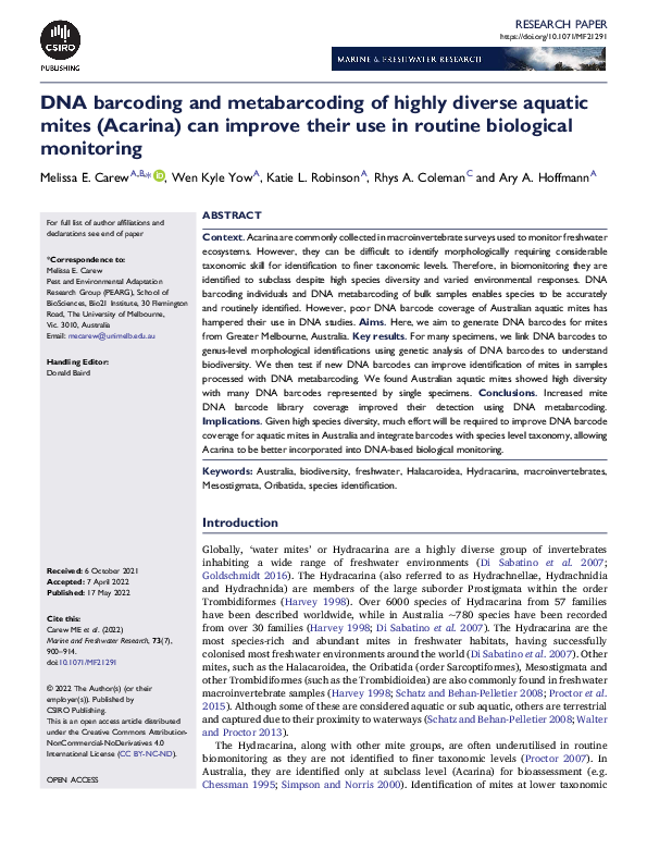 (PDF) DNA barcoding and metabarcoding of highly diverse aquatic mites ...