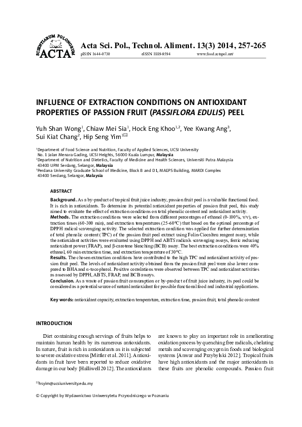 (PDF) Influence of extraction conditions on antioxidant properties of passion fruit (Passiflora ...