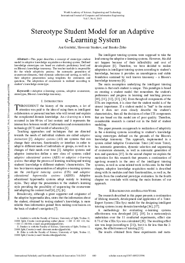 (PDF) Stereotype Student Model For An Adaptive E-Learning System