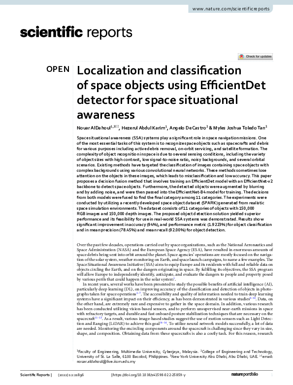 Pdf Localization And Classification Of Space Objects Using Efficientdet Detector For Space
