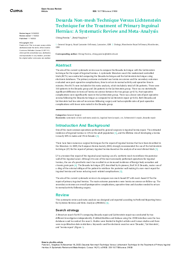(PDF) Desarda Non-mesh Technique Versus Lichtenstein Technique for the ...