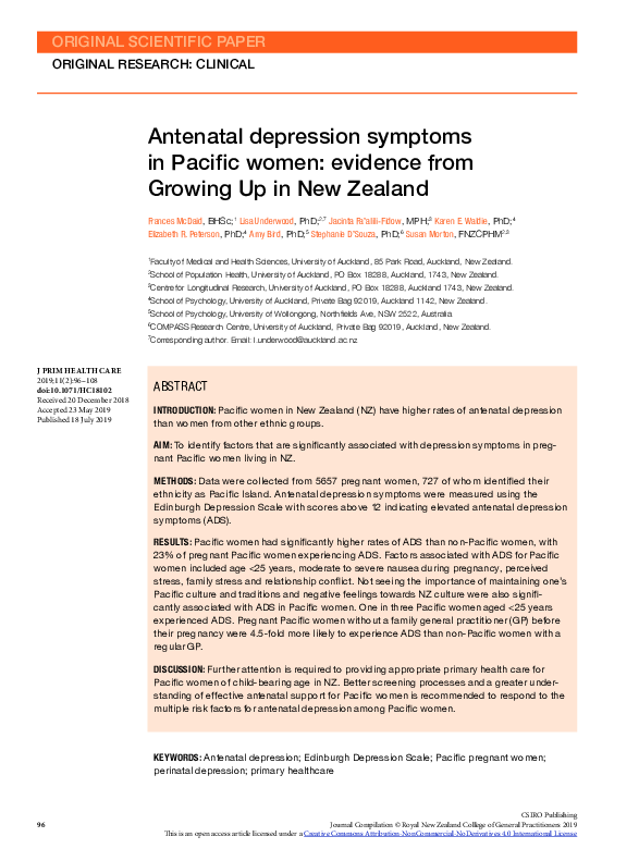 (PDF) Antenatal depression symptoms in Pacific women: evidence from ...