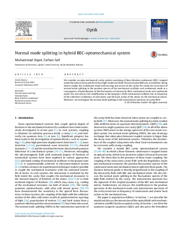 (PDF) Normal mode splitting in hybrid BEC-optomechanical system