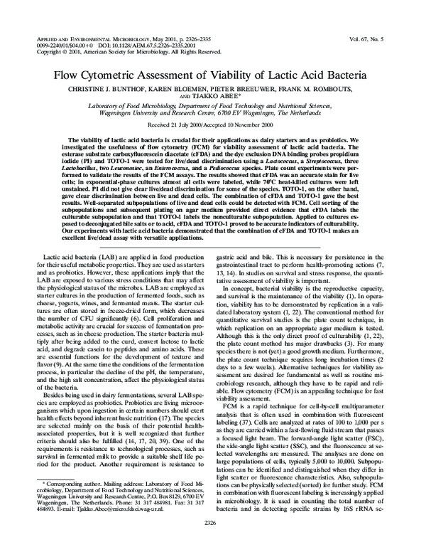 (PDF) Flow Cytometric Assessment of Viability of Lactic Acid Bacteria (PDF) Flow Cytometric Assessment of Viability of Lactic Acid Bacteria