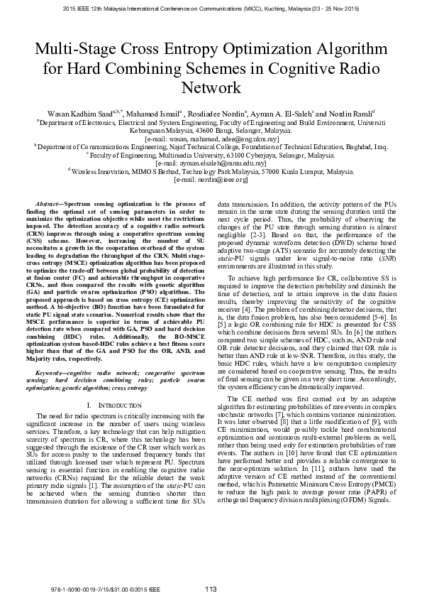 Pdf Multi Stage Cross Entropy Optimization Algorithm For Hard Combining Schemes In Cognitive