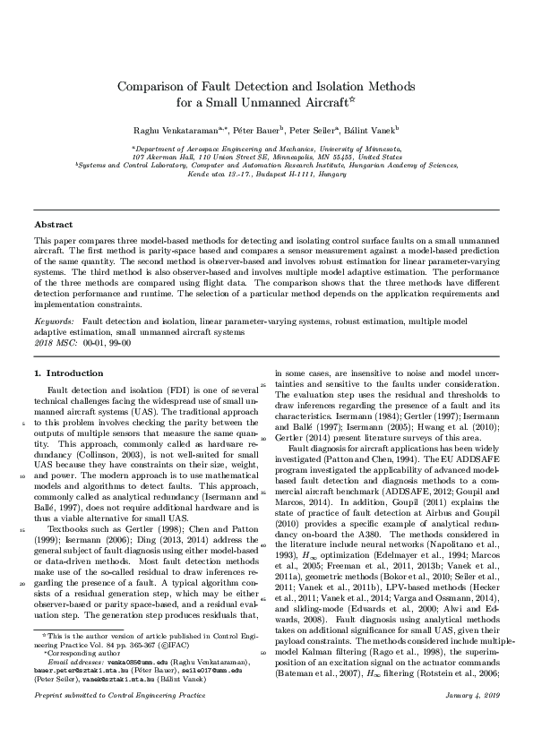 Pdf Comparison Of Fault Detection And Isolation Methods For A Small Unmanned Aircraft