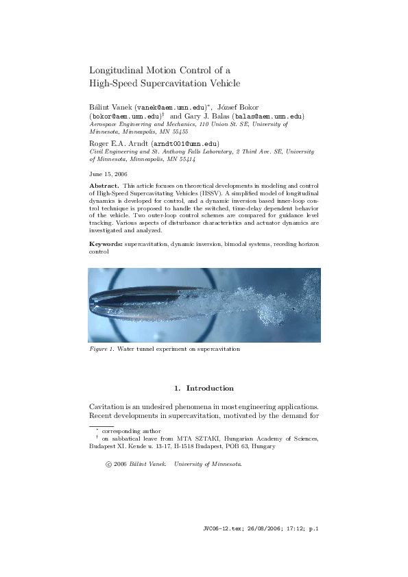 (PDF) Longitudinal Motion Control of a High-Speed Supercavitation Vehicle