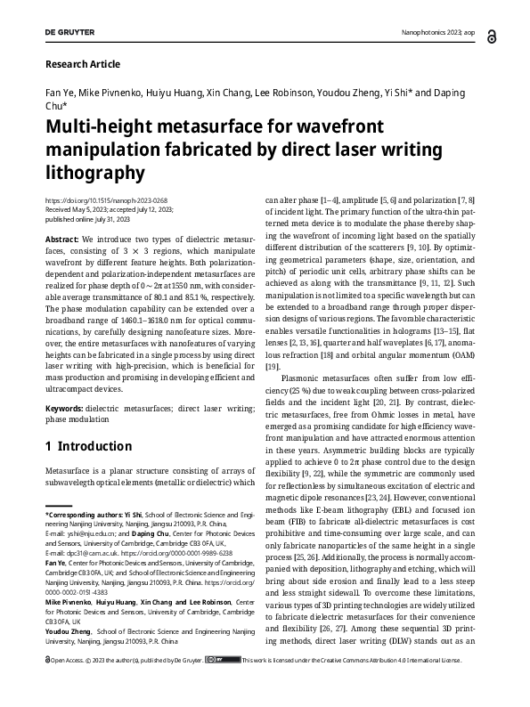 (PDF) Multi-height metasurface for wavefront manipulation fabricated by ...