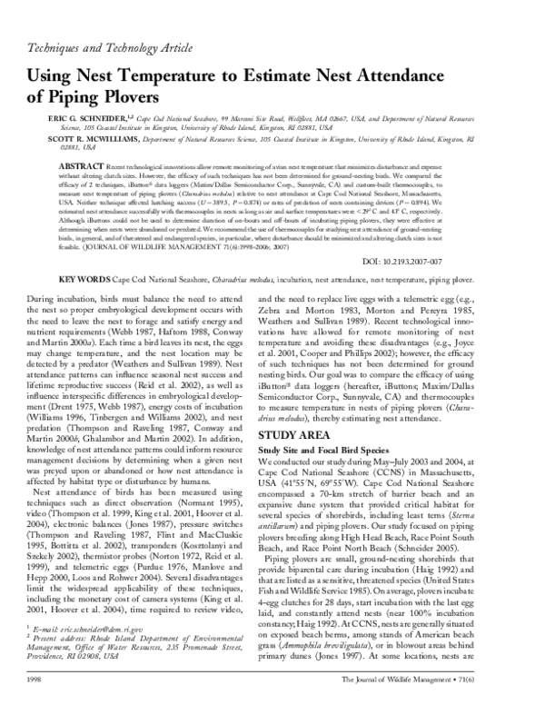 (PDF) Using Nest Temperature to Estimate Nest Attendance of Piping Plovers
