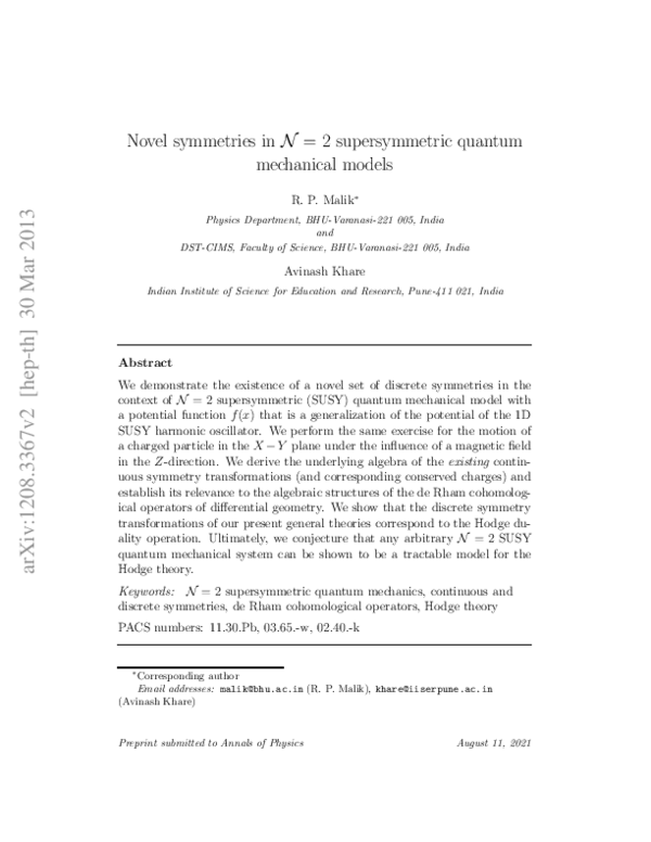(PDF) N = 2 Supersymmetric Quantum Mechanical Models and Hodge Theory